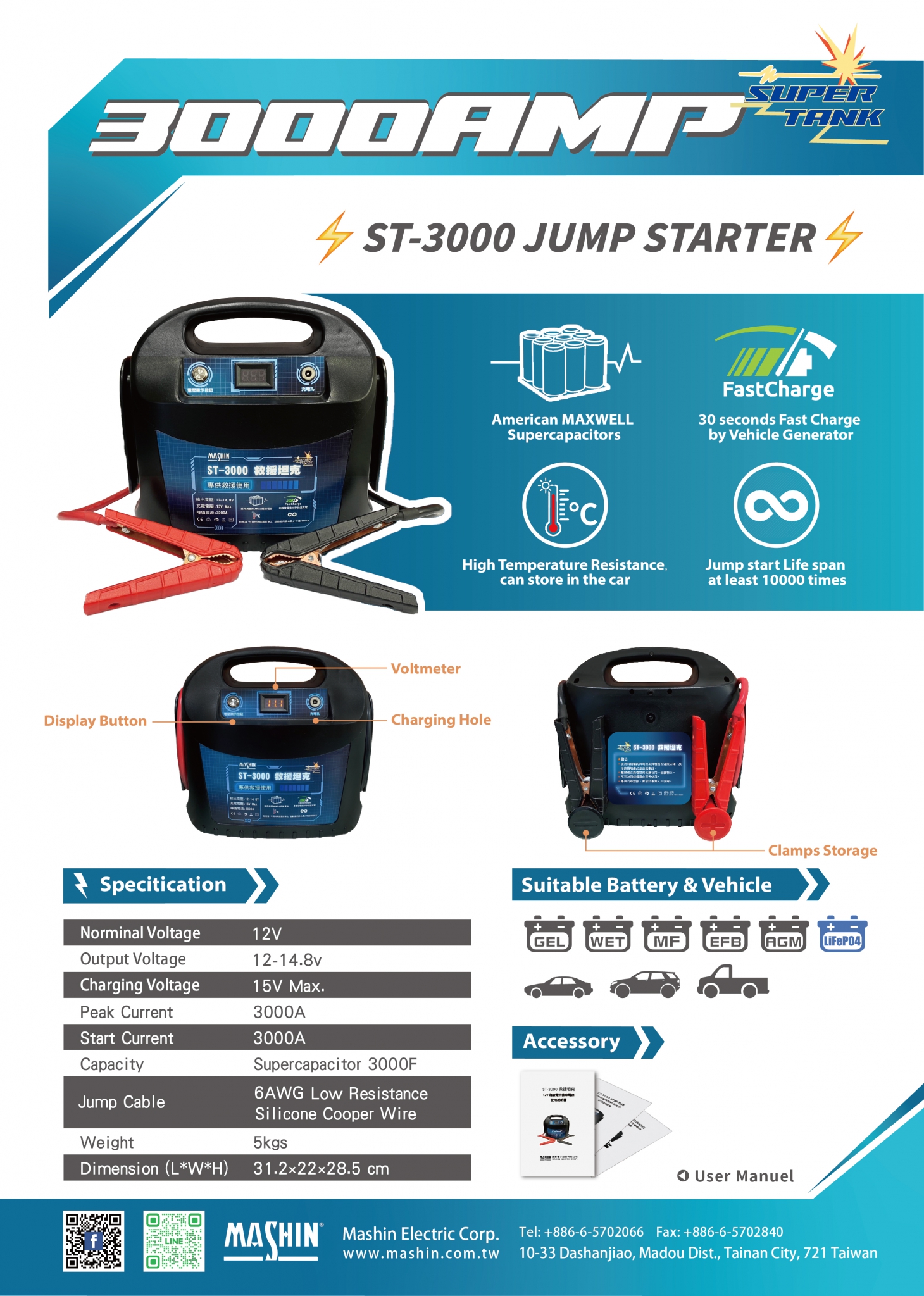 ST-3000 12V Super Capacitor Jump Starter_Jump Starter_Product | 麻新電子股份有限公司 MASHIN ELECTRIC CORP